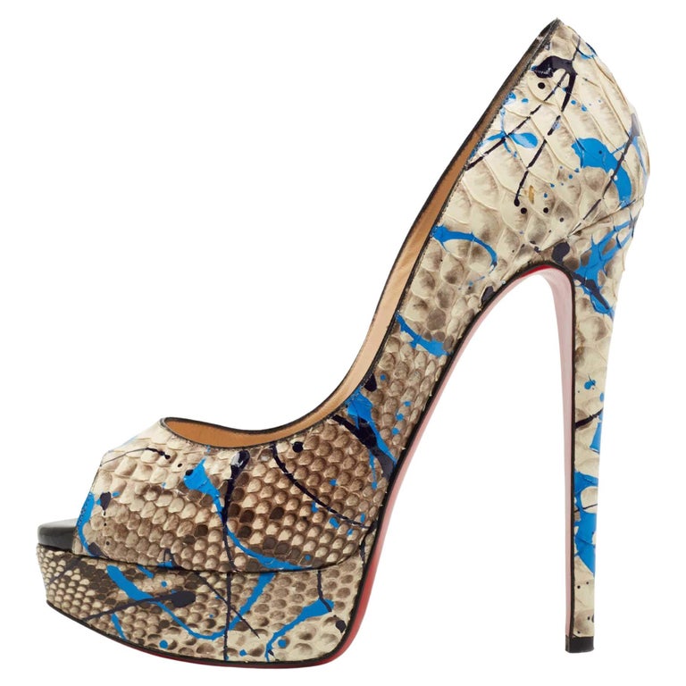 Christian Louboutin Brown/Beige Python Paint Splatter Lady Peep Pumps ...