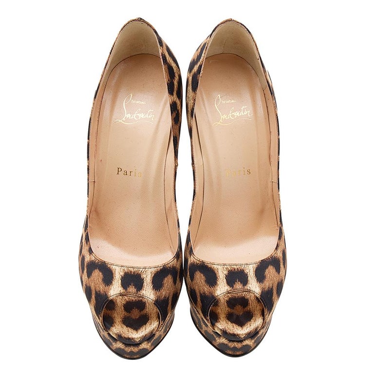 Christian Louboutin Brown Leopard Print Satin Peep Toe Platform Pumps ...