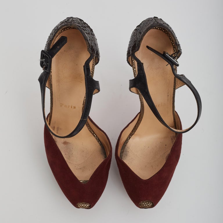 Christian Louboutin Burgundy Suede Snake Skin Peep Toe Platform Heel ...