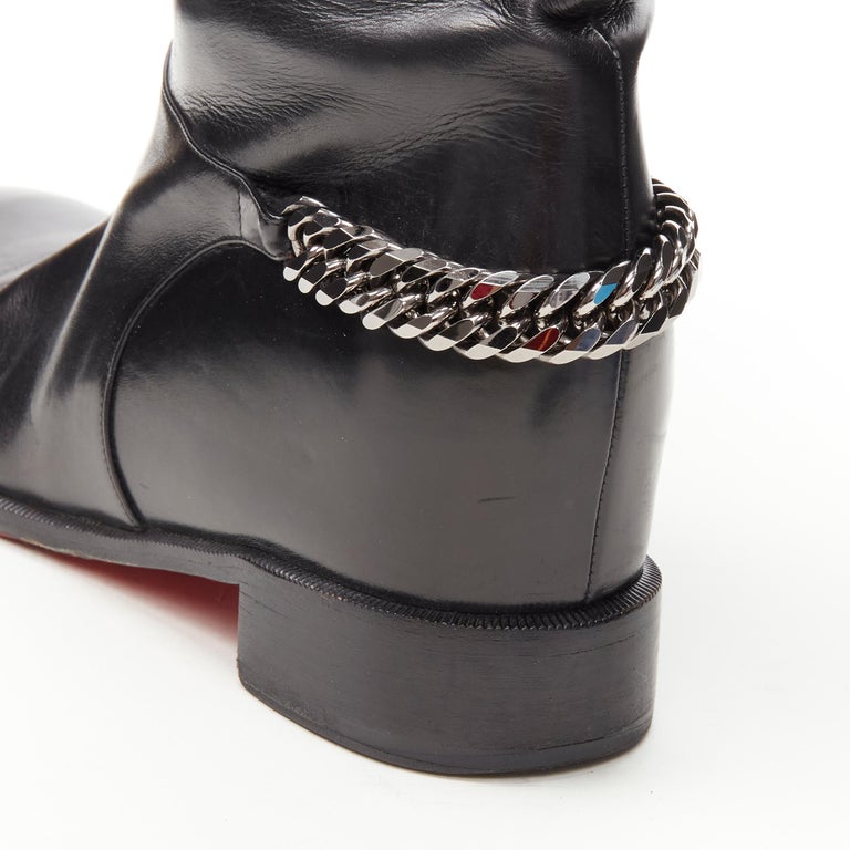 CHRISTIAN LOUBOUTIN Cate black silver chunky chain heel riding bootsl ...