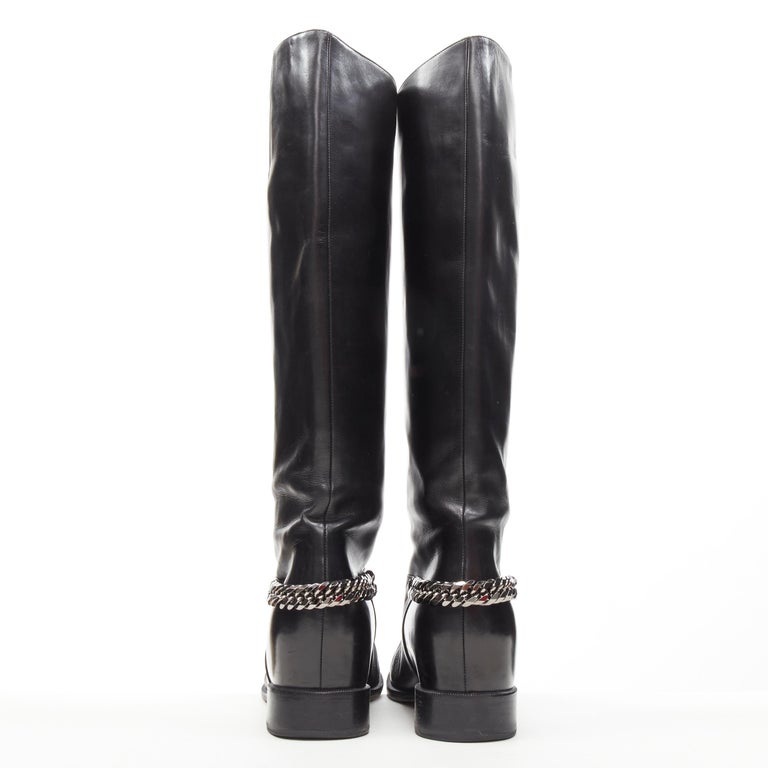 CHRISTIAN LOUBOUTIN Cate black silver chunky chain heel riding bootsl ...