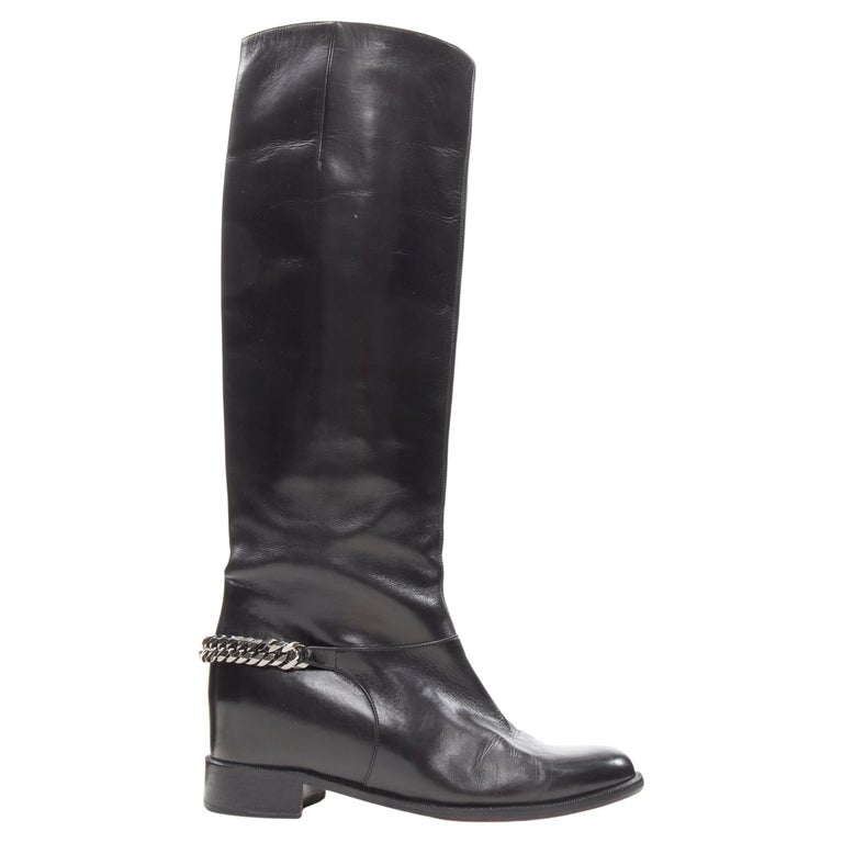 CHRISTIAN LOUBOUTIN Cate black silver chunky chain heel riding bootsl ...