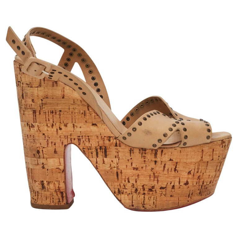 Christian Louboutin Cork and Stroppy Leather Beige Wedges (EU 40 US 9 ...