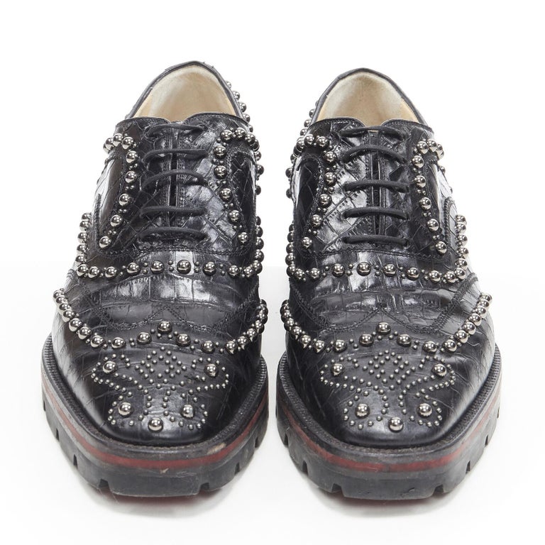 CHRISTIAN LOUBOUTIN Crapadonna black mock croc studded brogue shoe EU38 ...