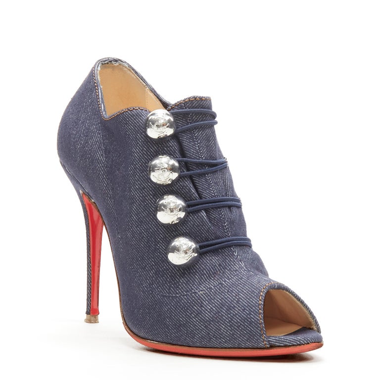 CHRISTIAN LOUBOUTIN dark denim silver military button peep toe bootie ...