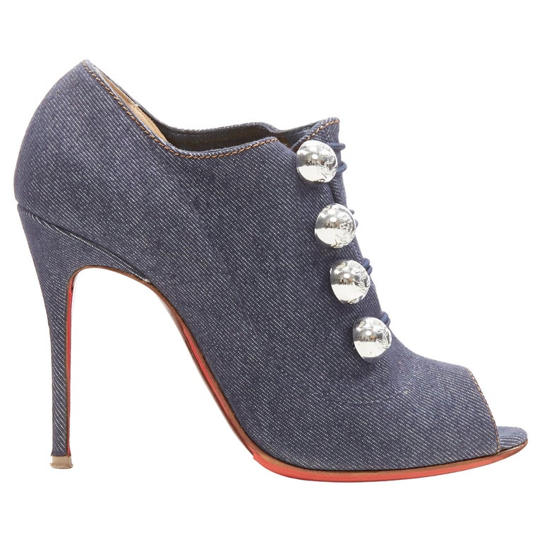 CHRISTIAN LOUBOUTIN dark denim silver military button peep toe bootie ...