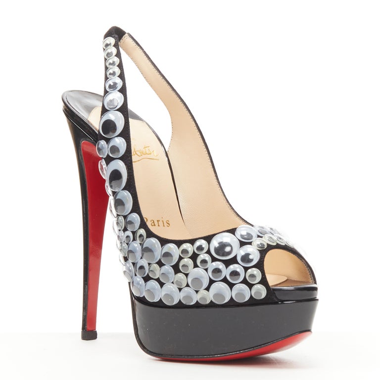 CHRISTIAN LOUBOUTIN Deja Vu 150 black patent eyeball peeptoe sling ...