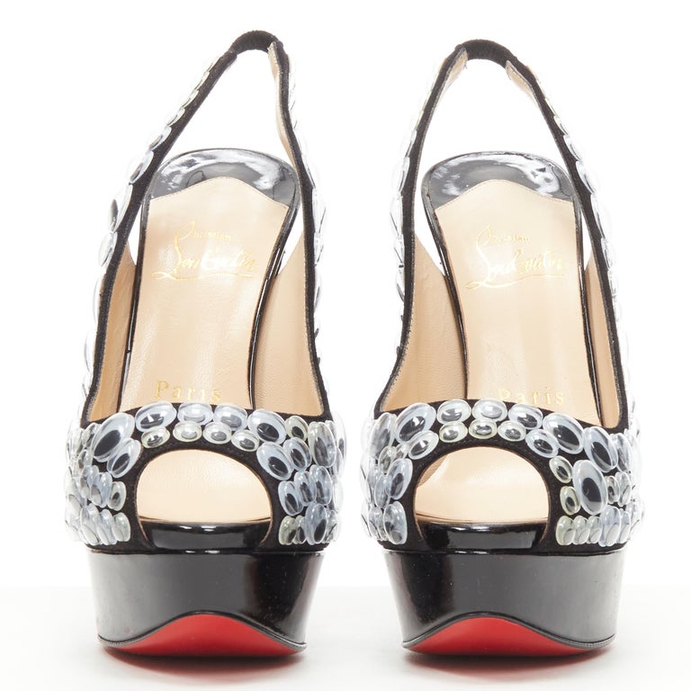 CHRISTIAN LOUBOUTIN Deja Vu 150 black patent eyeball peeptoe sling ...