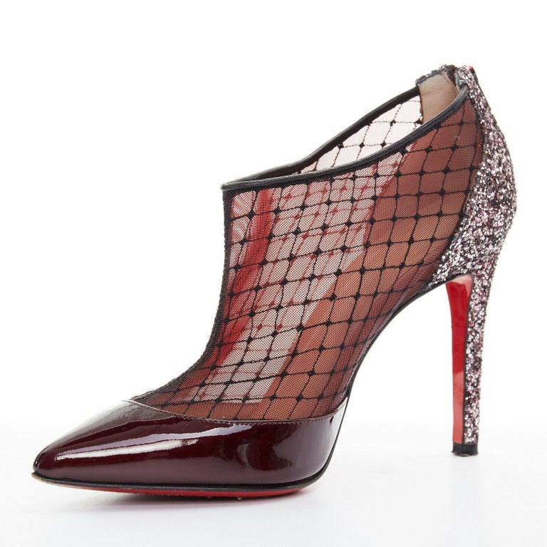 CHRISTIAN LOUBOUTIN Fillette 100 maroon patent mesh glitter heel bootie ...