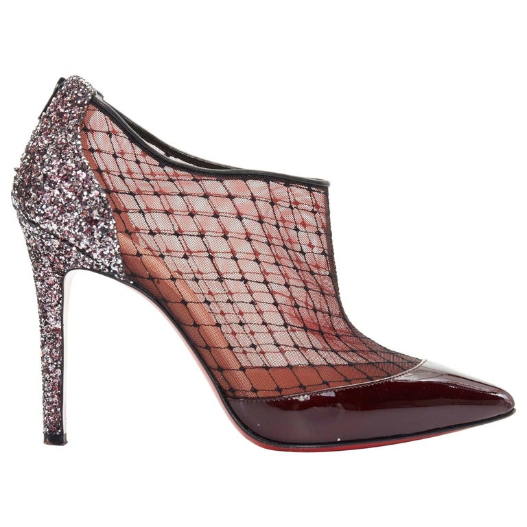 CHRISTIAN LOUBOUTIN Fillette 100 maroon patent mesh glitter heel bootie ...