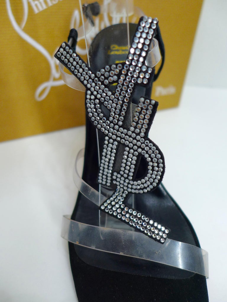 CHRISTIAN LOUBOUTIN for YSL Clear Strap Green Heel w/ Rhinestone YSL ...