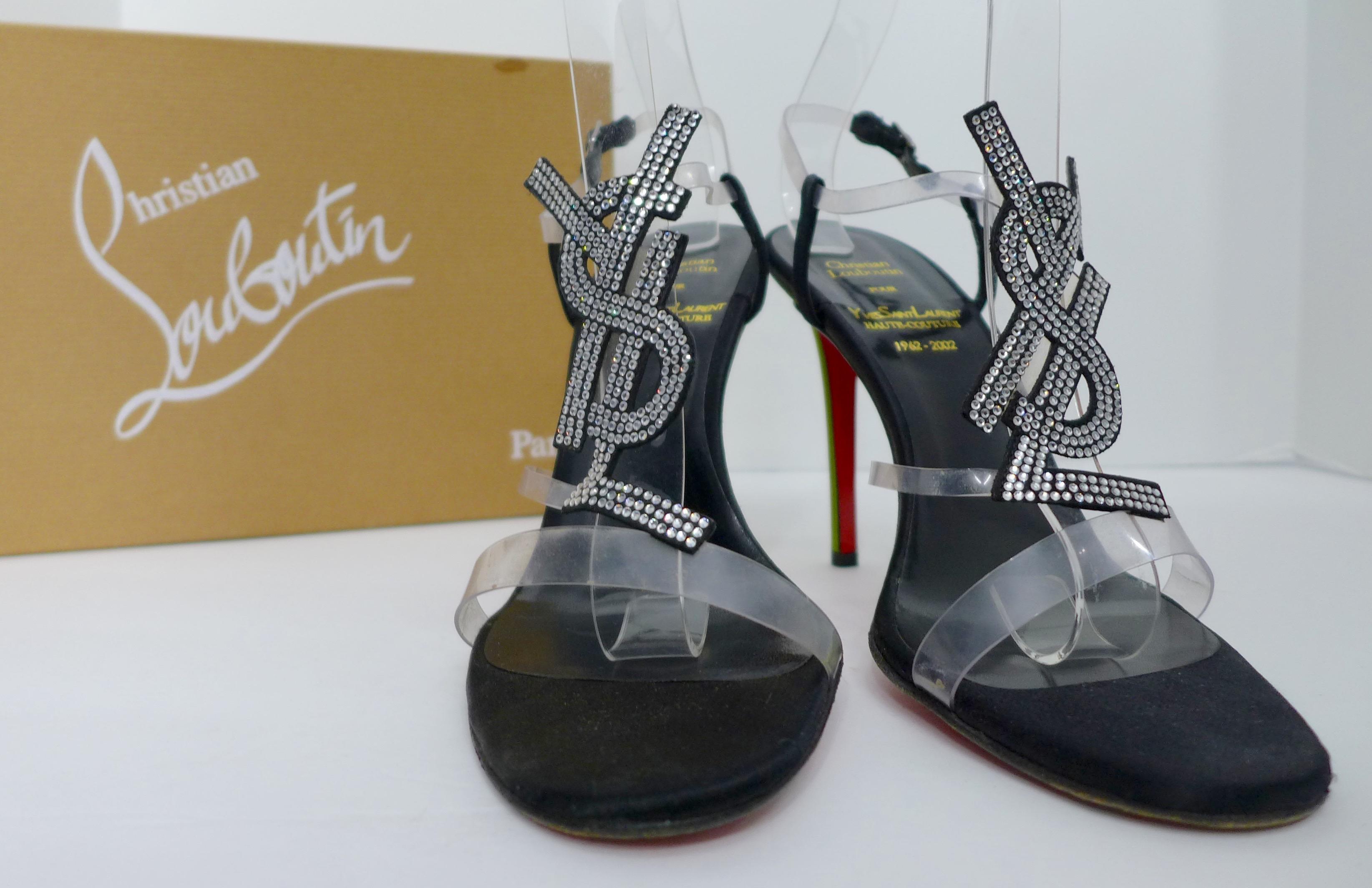 CHRISTIAN LOUBOUTIN for YSL Clear Strap Green Heel w/ Diamante YSL Logo ...