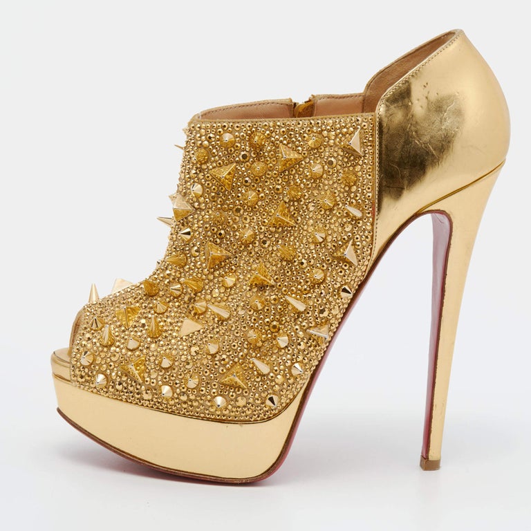 Christian Louboutin Gold Bridget's Back Spike Peep Toe Booties Size 38. ...