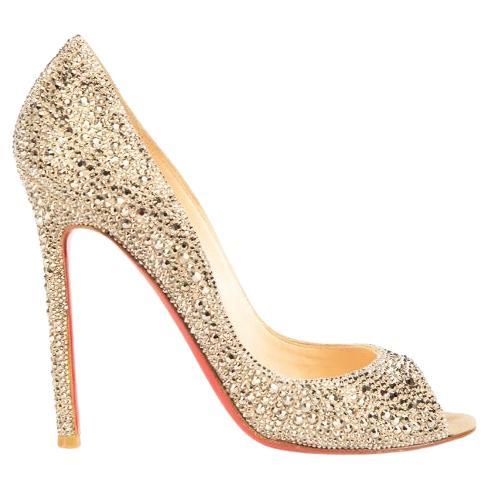 Christian Louboutin Gold Crystal Embellished Heels Size IT 37.5 For ...