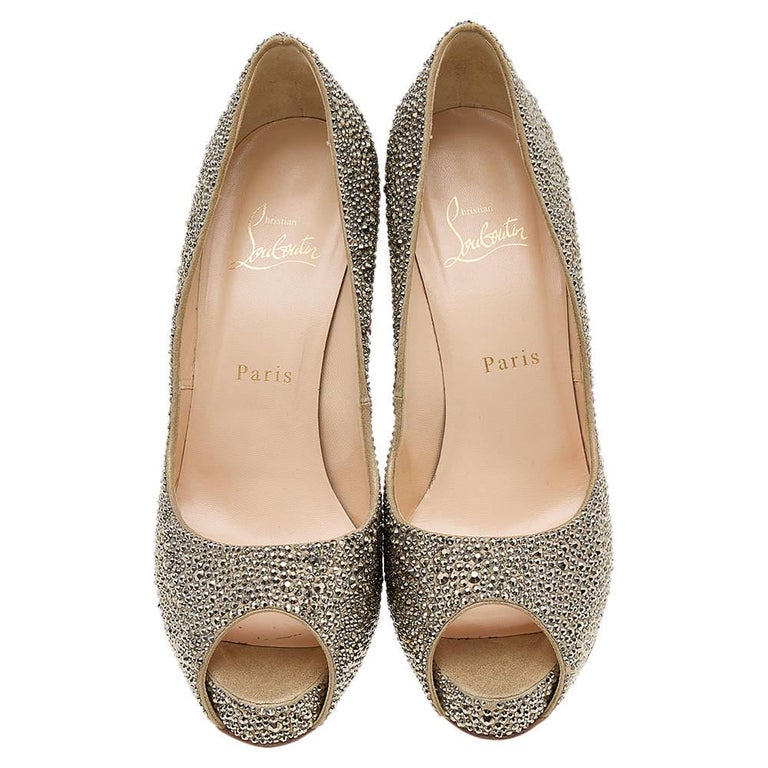 Christian Louboutin Gold Crystal Suede Rhinestone Peep Toe Pumps Size ...