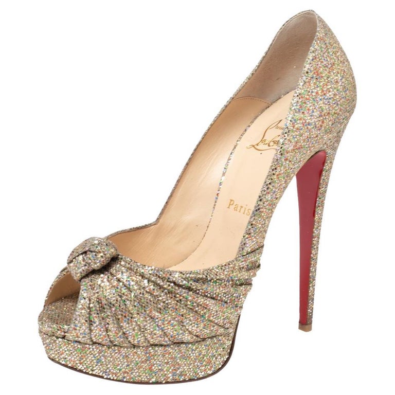 Christian Louboutin Gold Glitter and Fabric Lady Gres Peep Toe Pumps ...