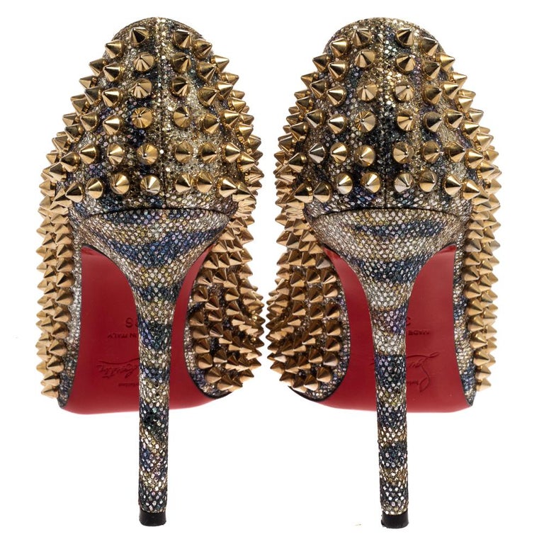 Christian Louboutin Gold Glitter Spike Peep Toe Pumps Size 36 at 1stDibs