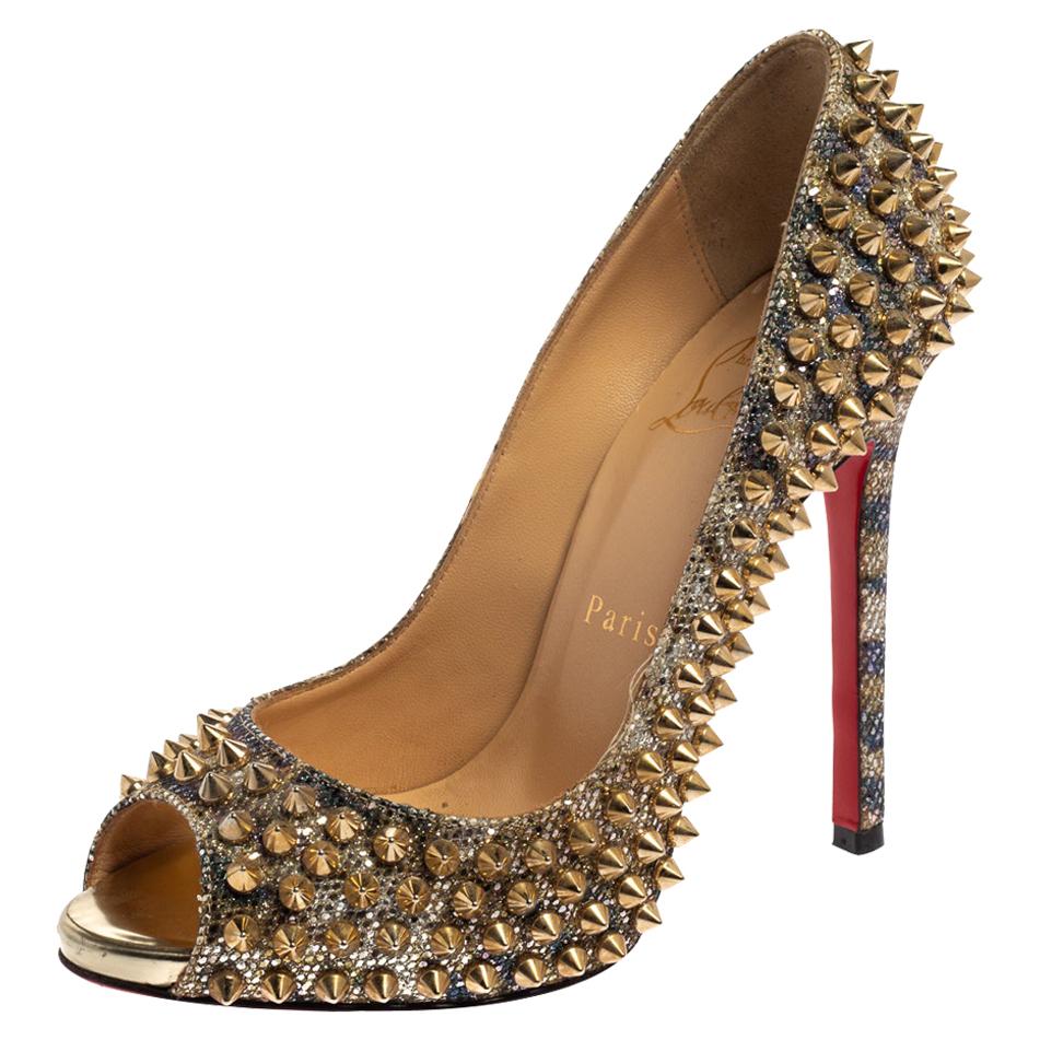 Christian Louboutin Gold Glitter Spike Peep Toe Pumps Size 36 at 1stDibs