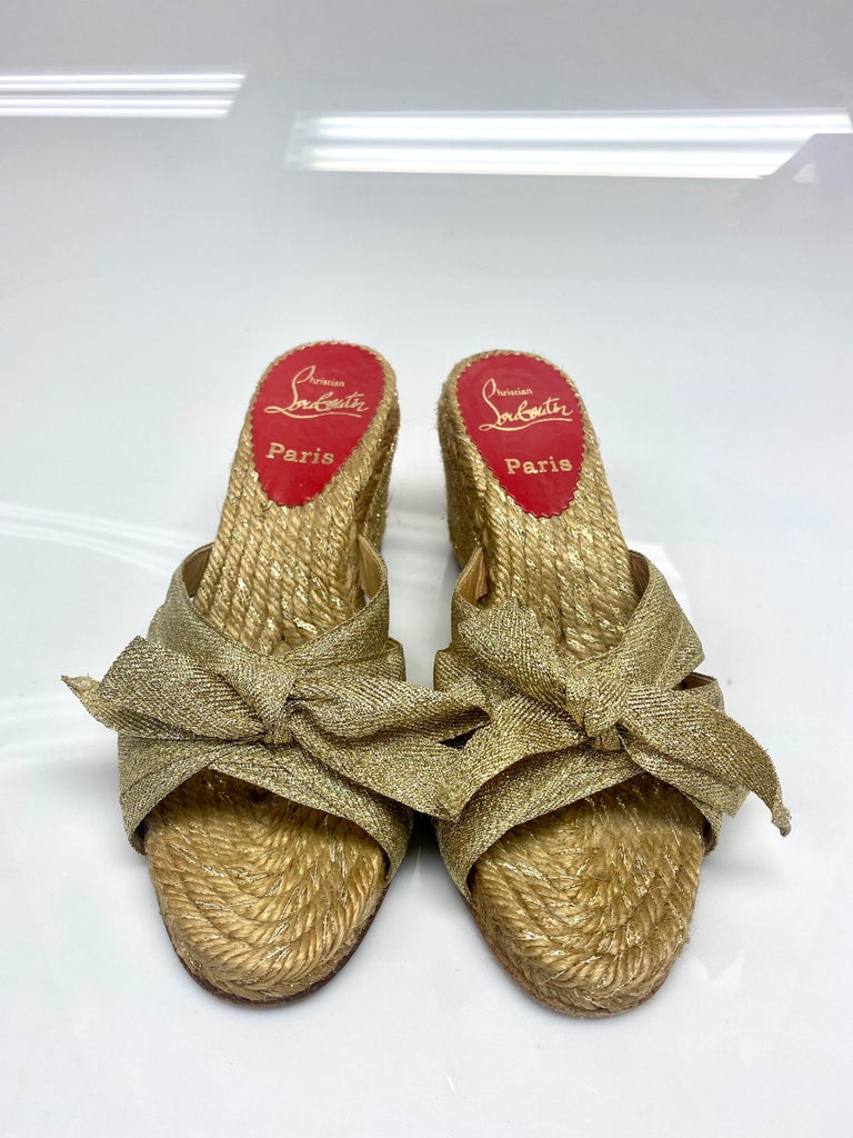 Christian Louboutin Gold Metallic Raffia Wedge - Size 35 For Sale at ...