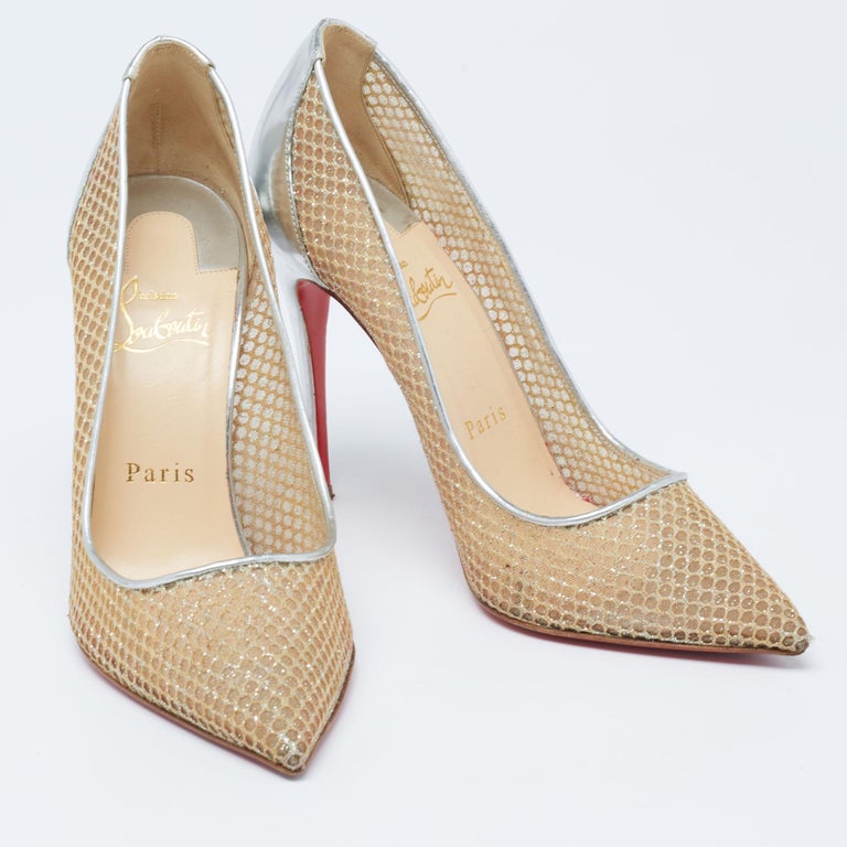 Christian Louboutin Gold/Silver Fish Net Leather Follies Resille Pumps ...