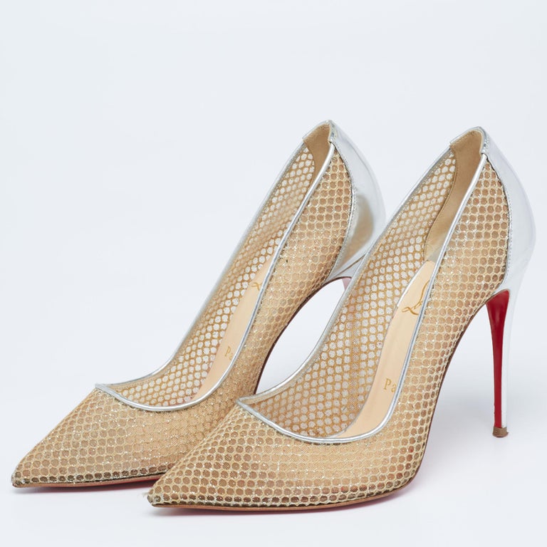 Christian Louboutin Gold/Silver Fish Net Leather Follies Resille Pumps ...