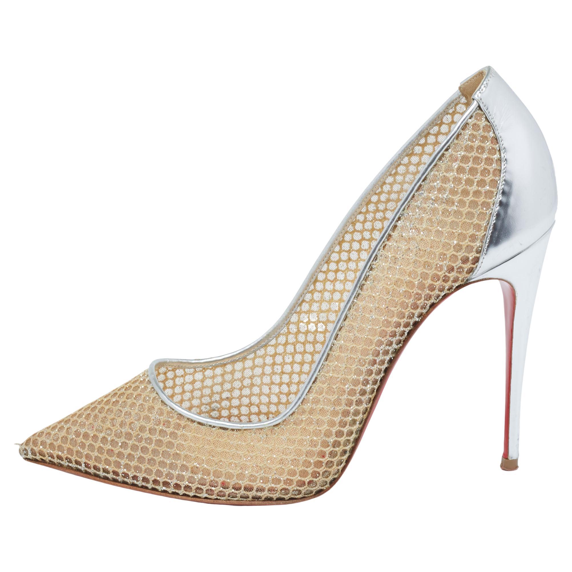 Christian Louboutin Gold/Silver Fish Net Leather Follies Resille Pumps ...