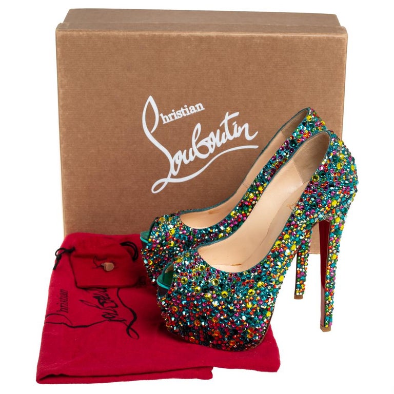 Christian Louboutin Green Leather Highness Crystal Embellished Pumps ...