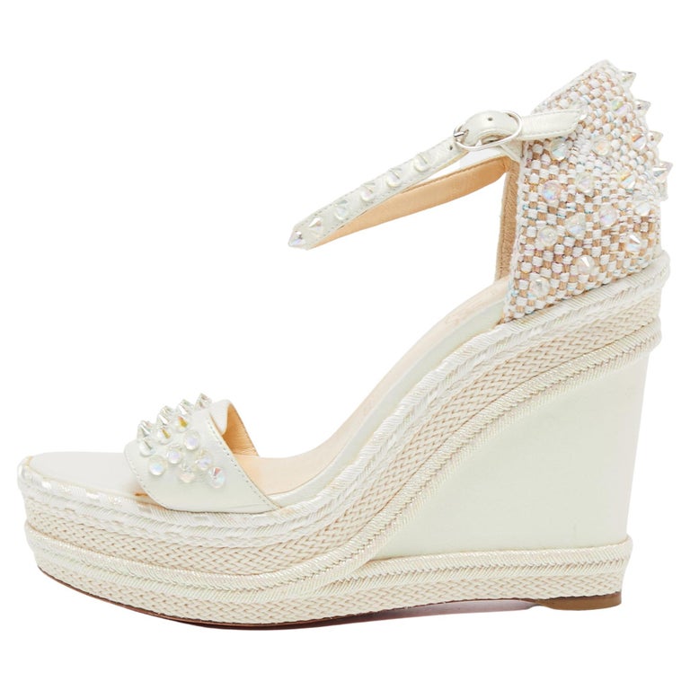 Christian Louboutin Ivory Leather and Woven Fabric Wedge Sandals Size ...