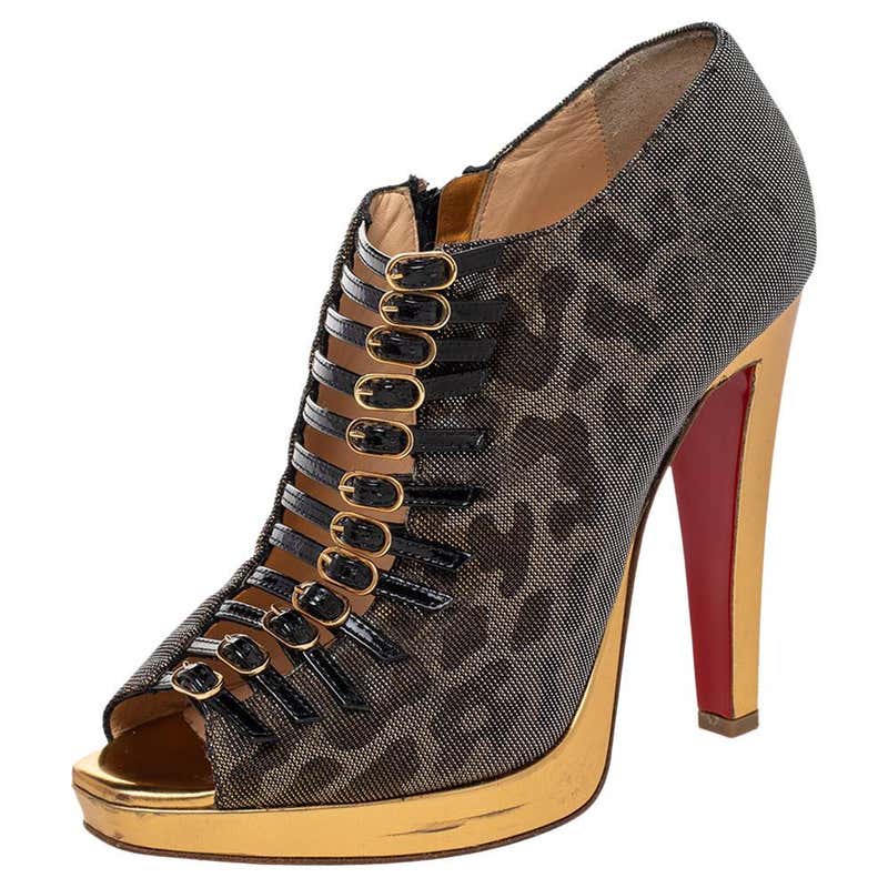 Christian Louboutin Metallic Leopard Print Lurex Peep Toe Ankle Booties Size 39 For Sale At 1stdibs