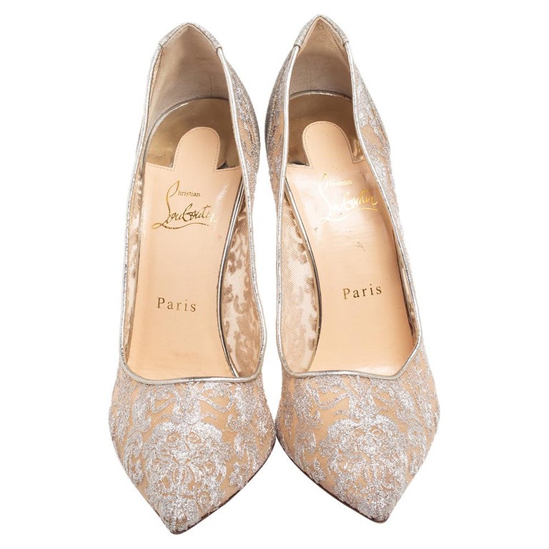 Christian Louboutin Metallic Silver Lace And Glitter Follies Pumps Size ...