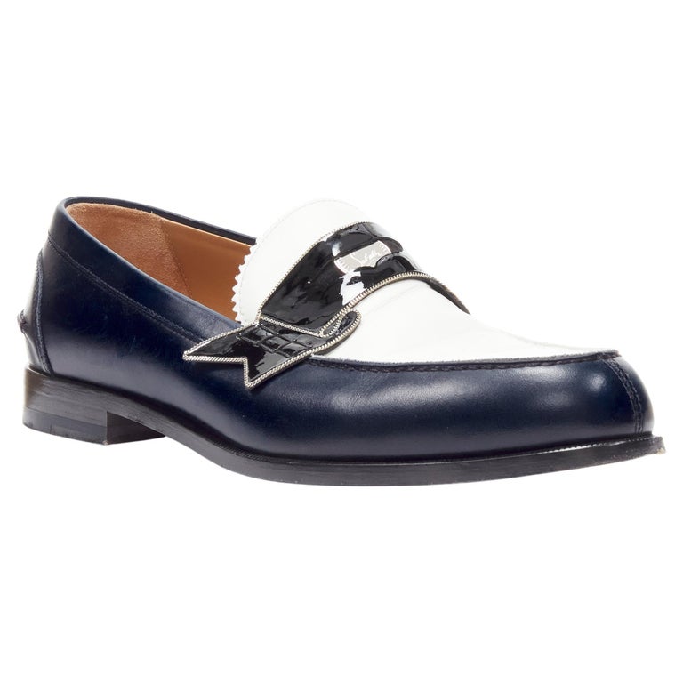 CHRISTIAN LOUBOUTIN Monono navy white zipper patent flap Penny loafer ...