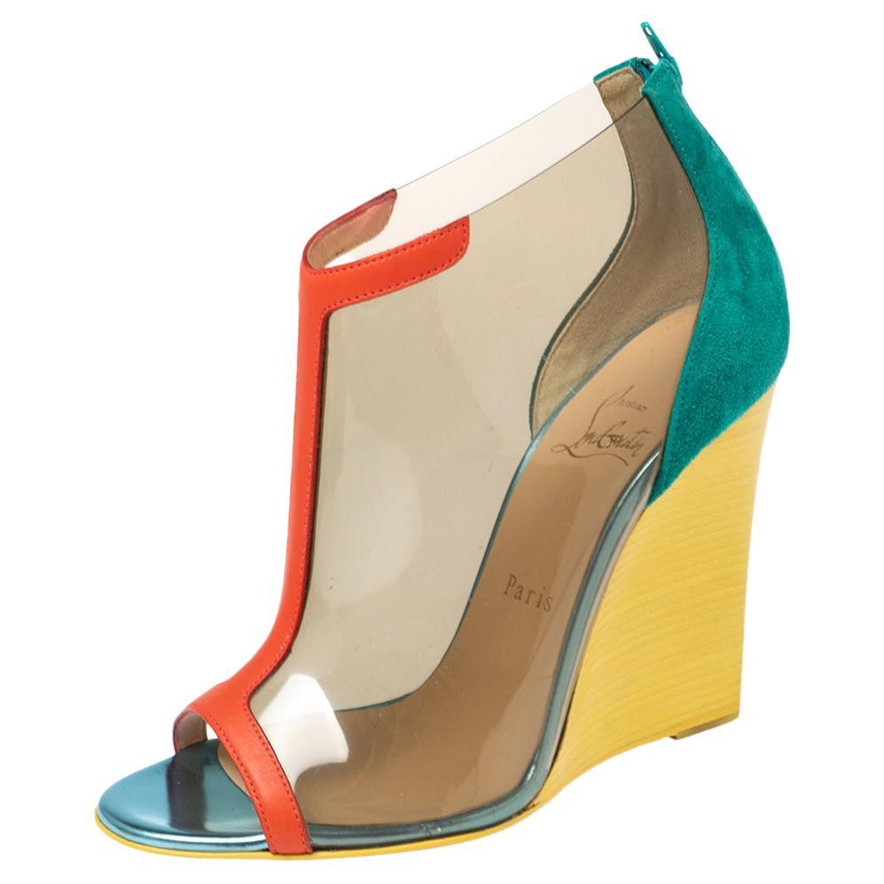 Christian Louboutin Multicolor PVC, Suede Trim Peep-Toe Wedge Booties ...