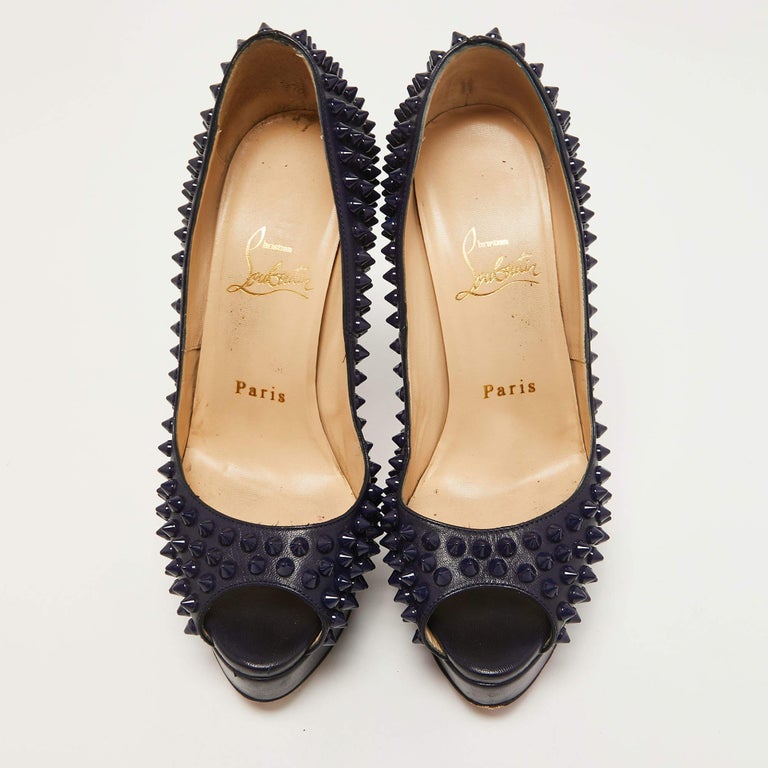 Christian Louboutin Navy Blue Leather Lady Peep Spikes Pumps Size 36 ...