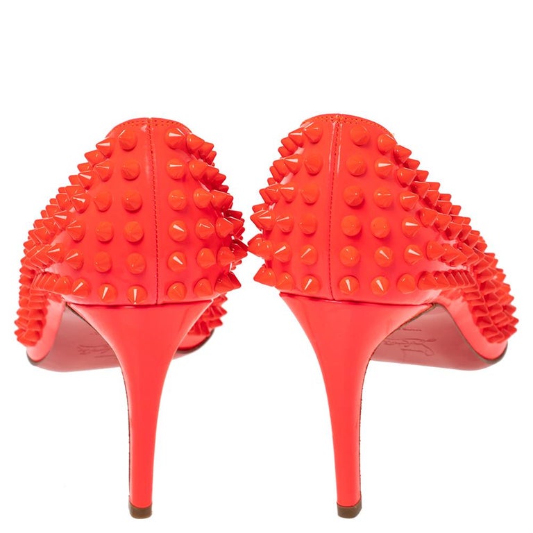 Christian Louboutin Neon Coral Orange Leather Pigalle Spikes Pumps Size ...