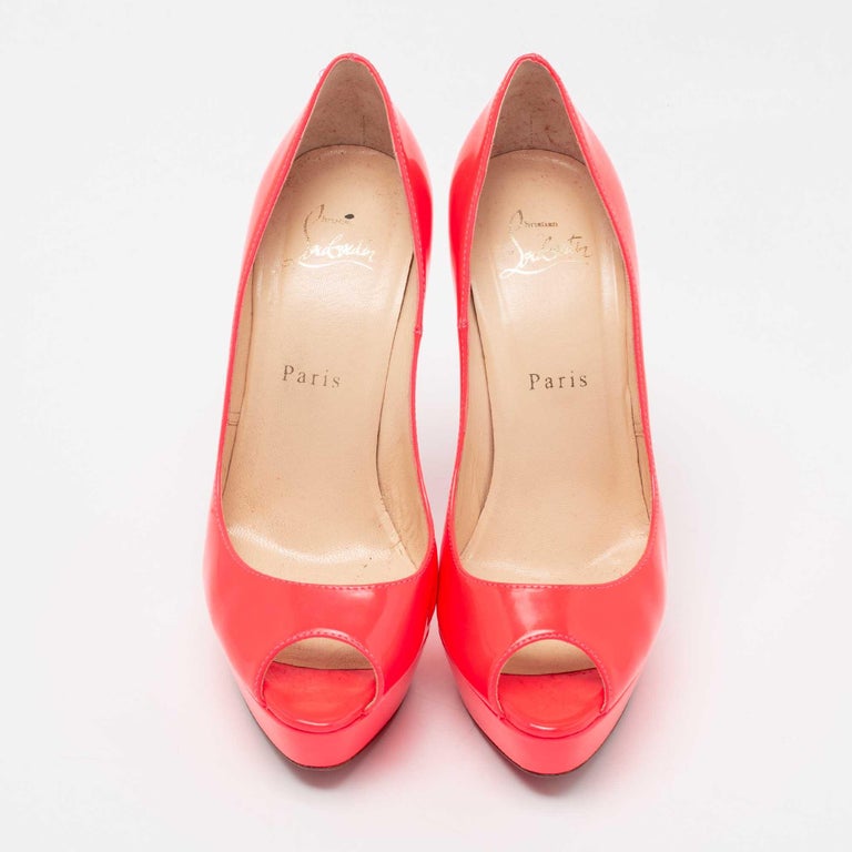 Christian Louboutin Neon Pink Leather Lady Peep Toe Platform Pumps Size ...