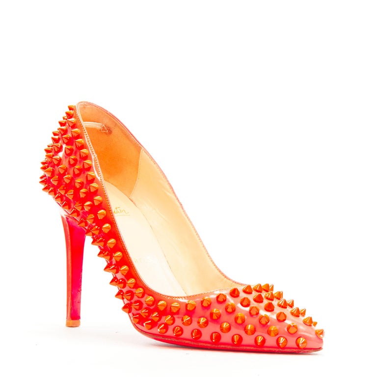 CHRISTIAN LOUBOUTIN neon pink patent spike stud point toe pigalle pump EU37.5 For Sale at 1stDibs