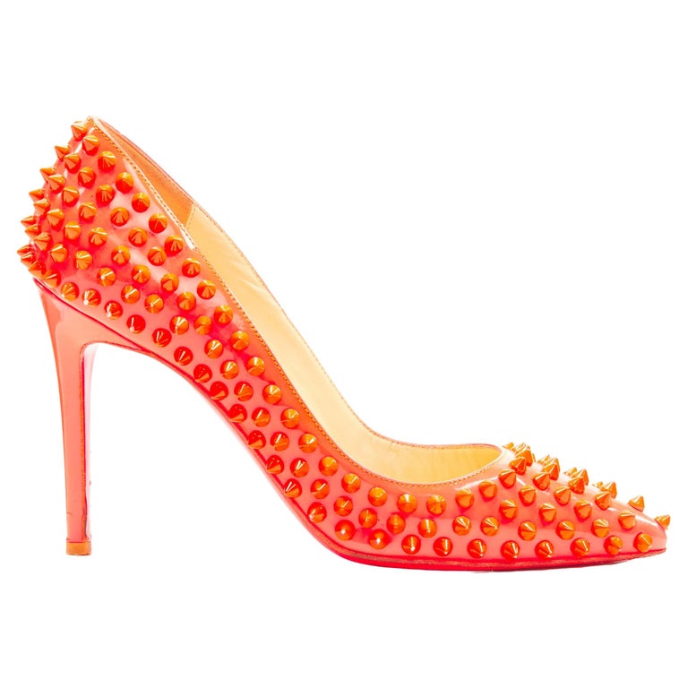 CHRISTIAN LOUBOUTIN neon pink patent spike stud point toe pigalle pump EU37.5 For Sale at 1stDibs