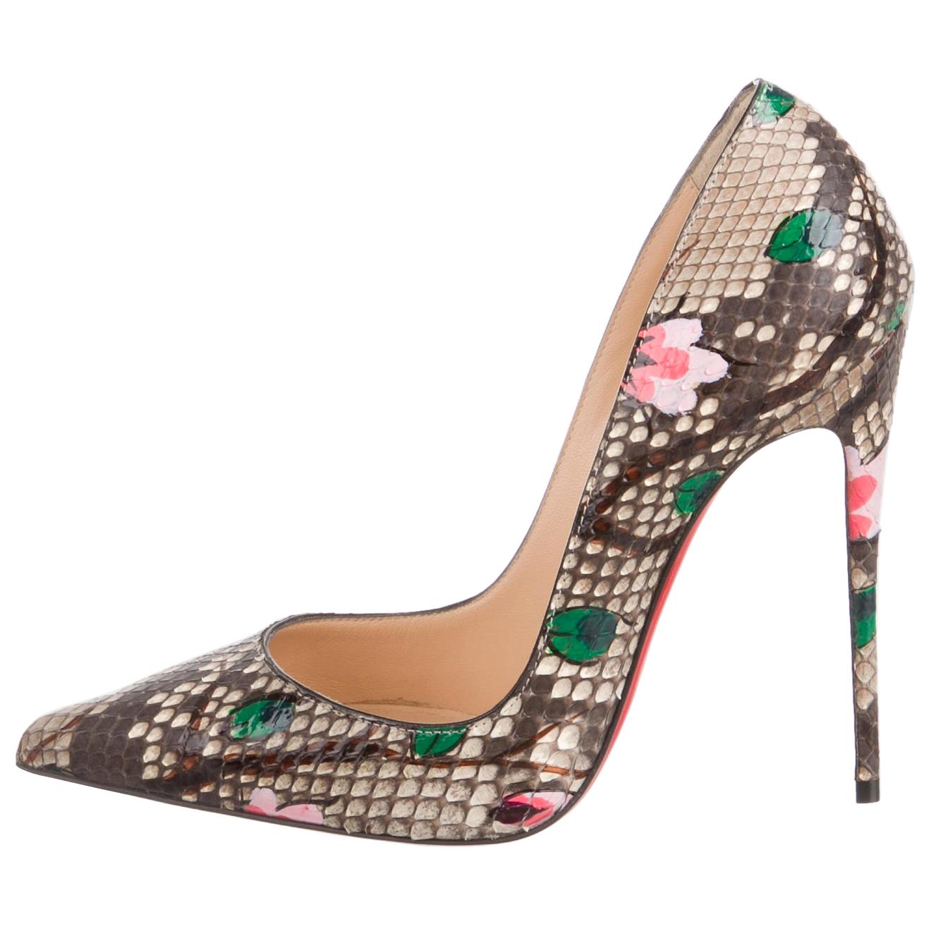 Christian Louboutin NEW Brown Snakeskin Flower Pink Painted Evening ...