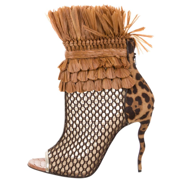 Christian Louboutin NEW Snakeskin Mesh Pony Raffia Open Ankle Booties ...