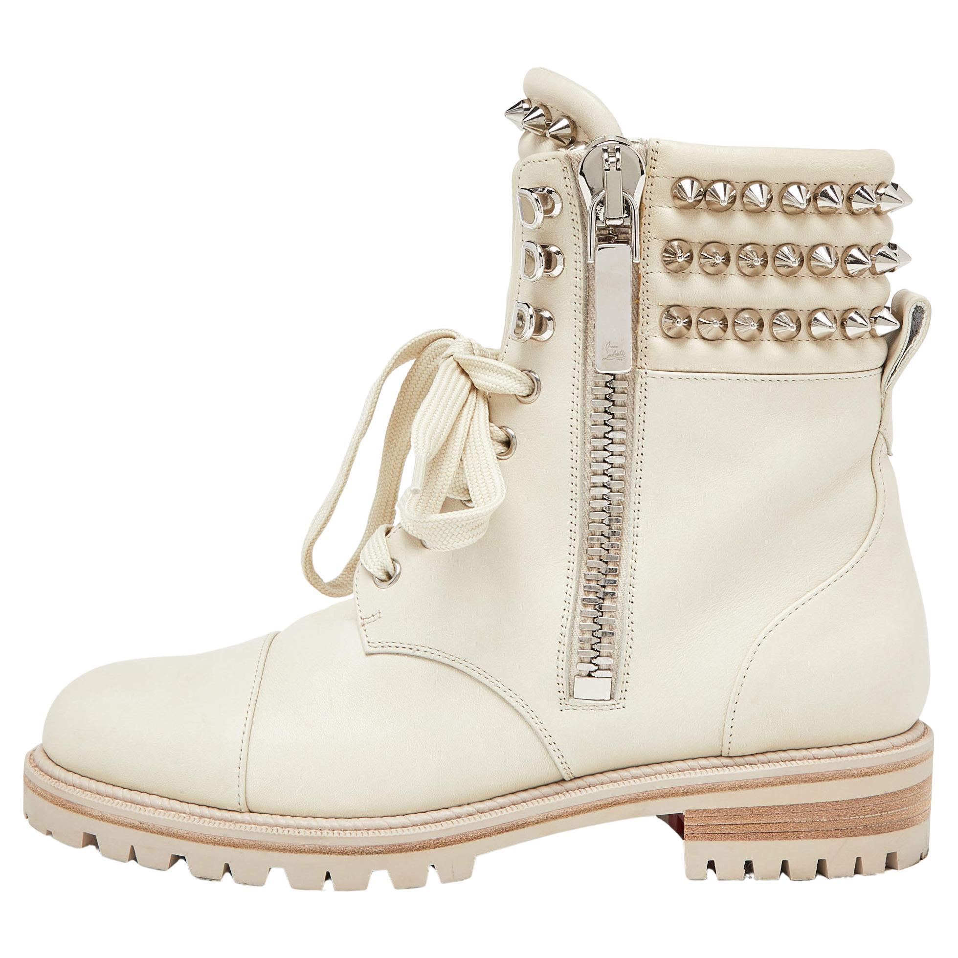 Christian Louboutin Pale Green Leather Spike Ankle Boots Size 38 For ...