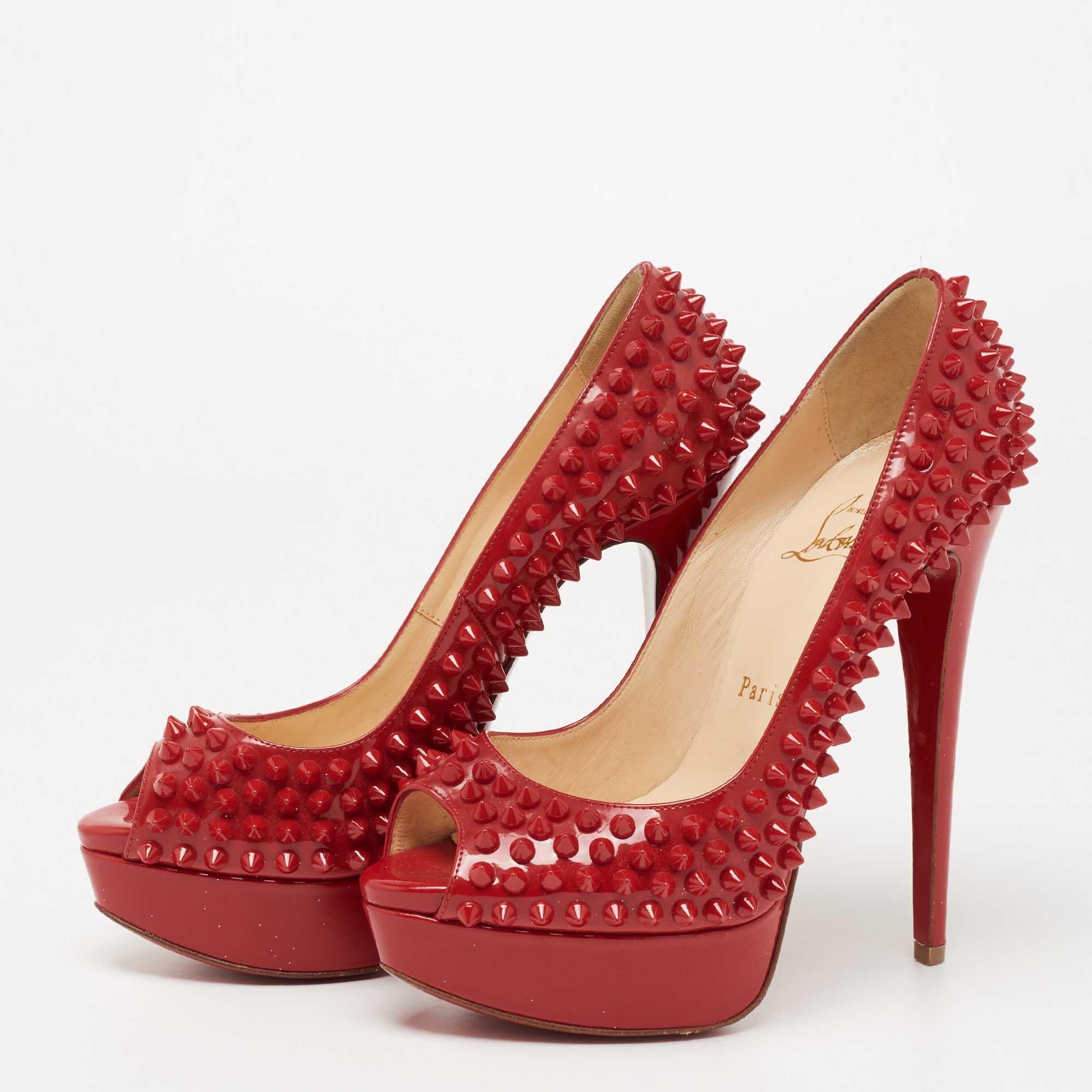 Christian Louboutin Patent Leather Lady Peep-Toe Spike Platform Pumps ...