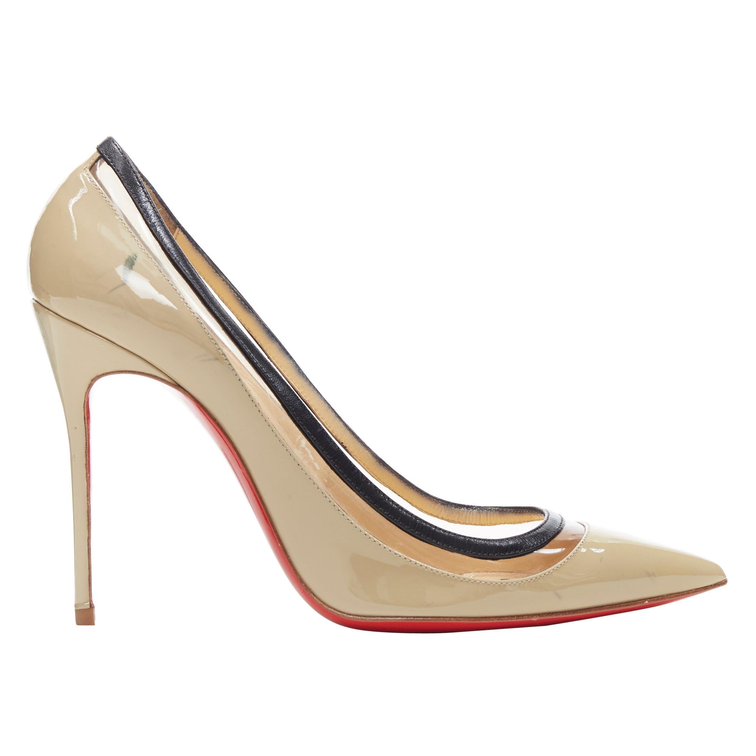 CHRISTIAN LOUBOUTIN Paulina beige patent PVC black trim pigalle pump ...