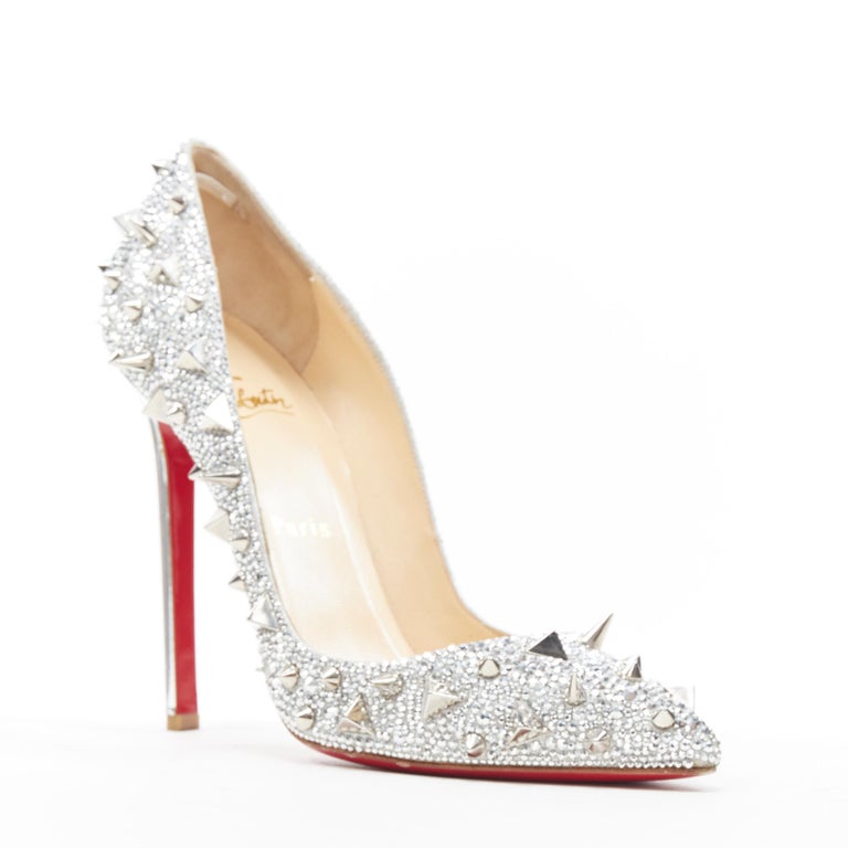 CHRISTIAN LOUBOUTIN Pigalili 120 silver strass crystal spike stud pump ...