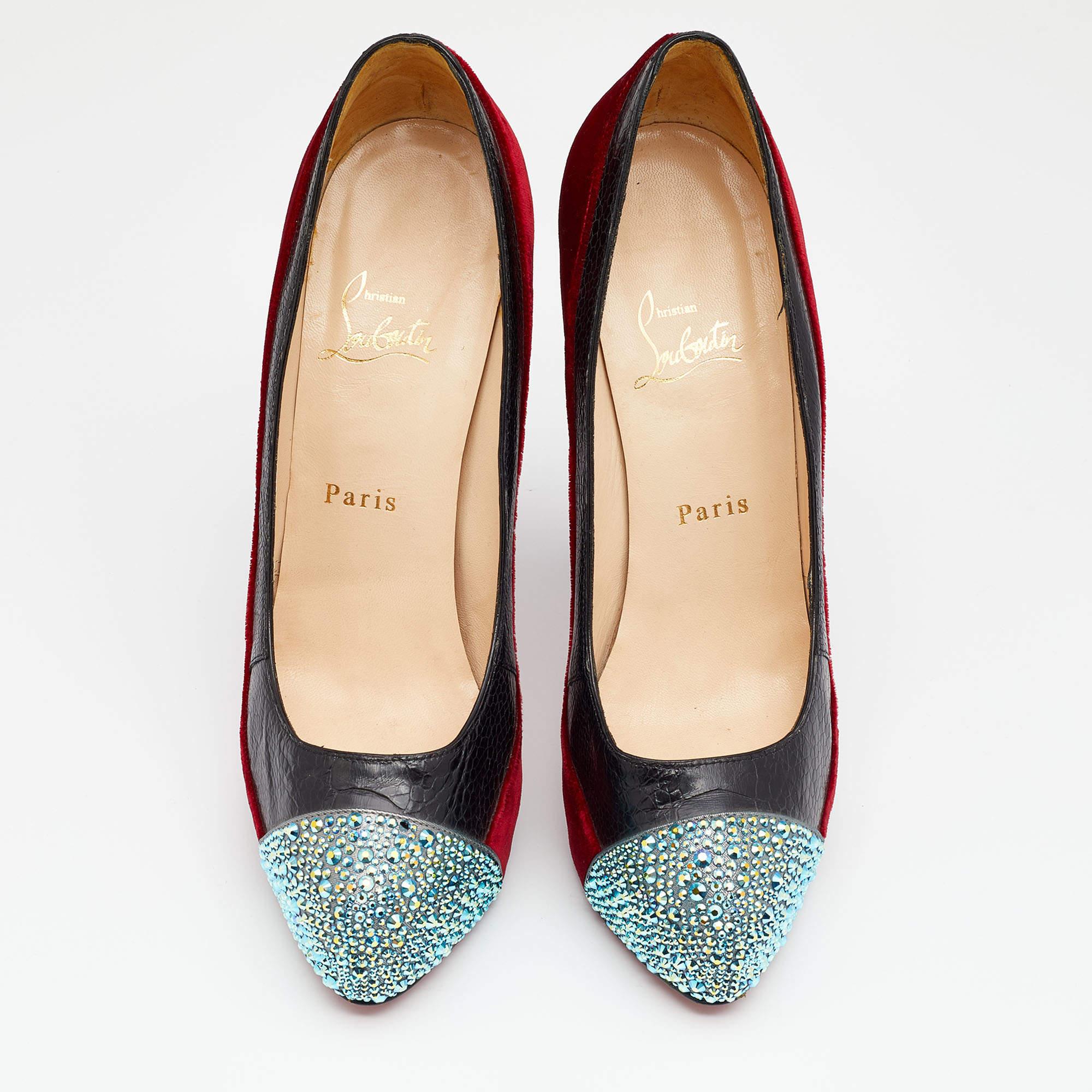 Christian Louboutin Red/Black Velvet And Ostrich Leg Strass Crystal ...