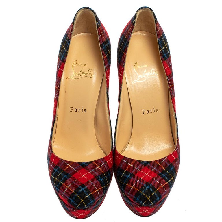 Christian Louboutin Red Fabric Bibi Flannel Plaid Platform Pumps Size ...
