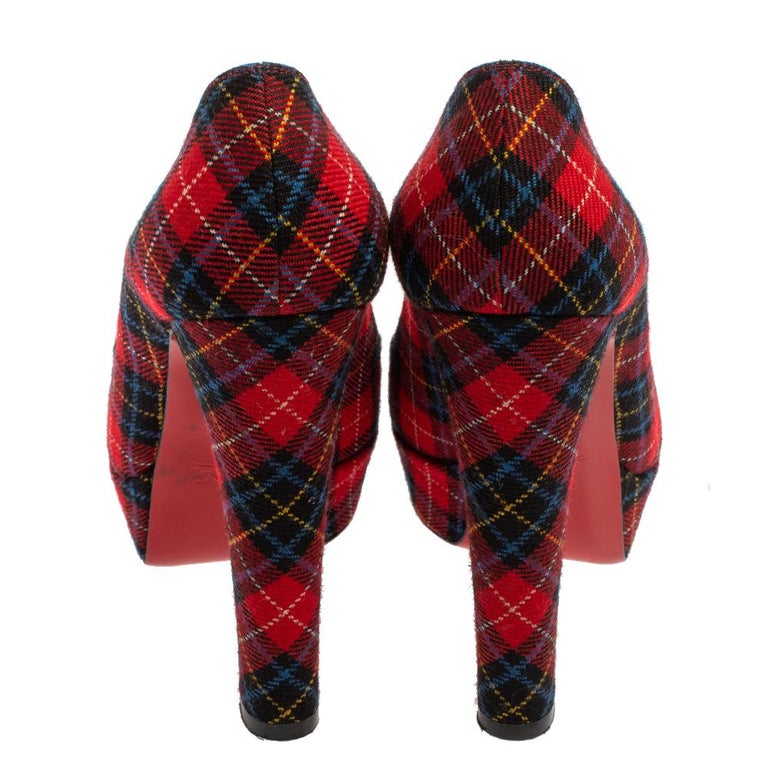 Christian Louboutin Red Fabric Bibi Flannel Plaid Platform Pumps Size ...