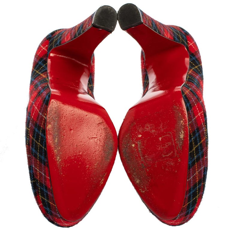 Christian Louboutin Red Fabric Bibi Flannel Plaid Platform Pumps Size ...