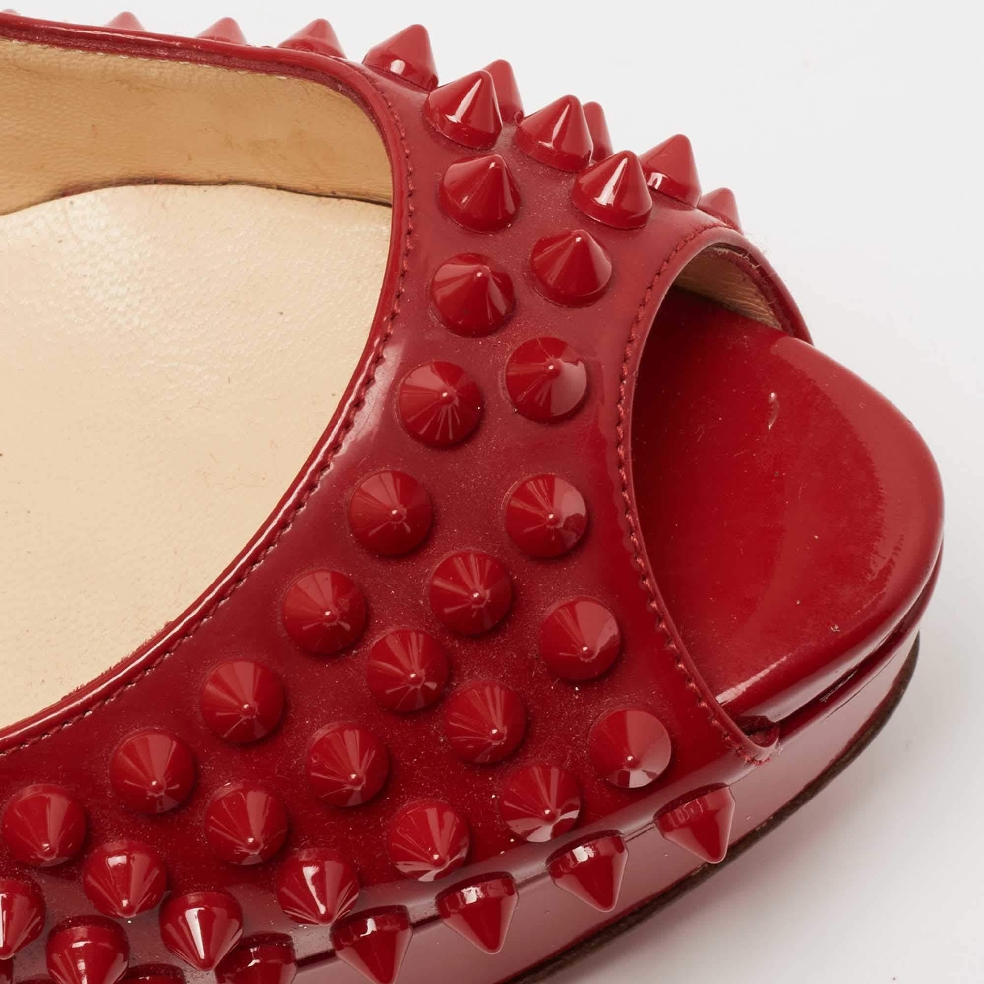 Christian Louboutin Red Patent Lady Peep-Toe Spike Platform Pumps Size ...