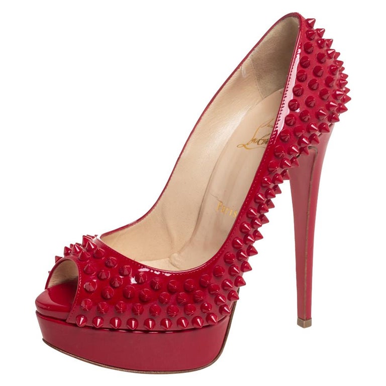 Christian Louboutin Red Patent Lady Peep Toe Spikes Platform Pumps Size ...