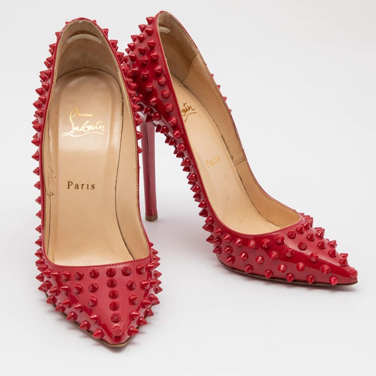 Christian Louboutin Red Patent Leather Pigalle Spike Pumps Size 37.5 ...